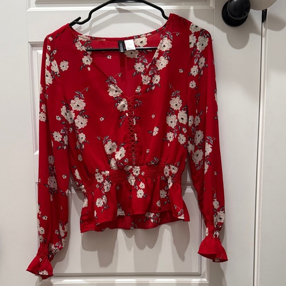 H&M | Tops | Hm Red Floral Blouse With Laceup Front | Poshmark